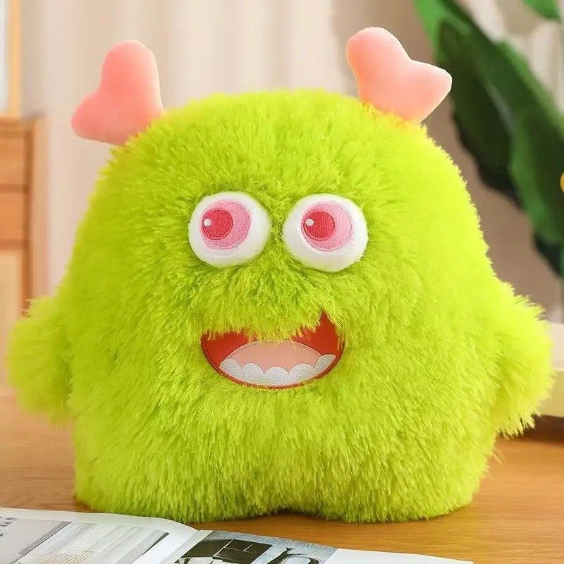 36cm Blue Fuzzy Monster Plush Toy with Green Eyes and Yellow Horns ...