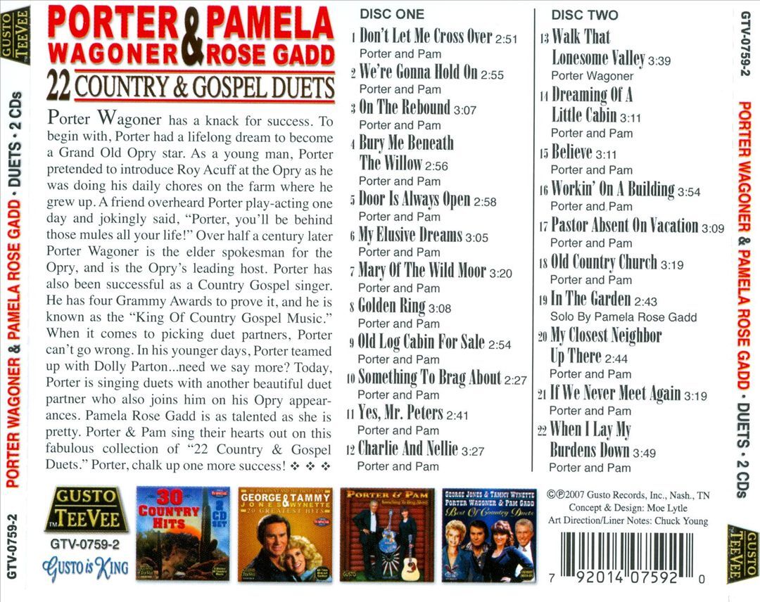 PORTER WAGONER/PAMELA ROSE GADD 22 COUNTRY AND GOSPEL DUETS NEW CD ...