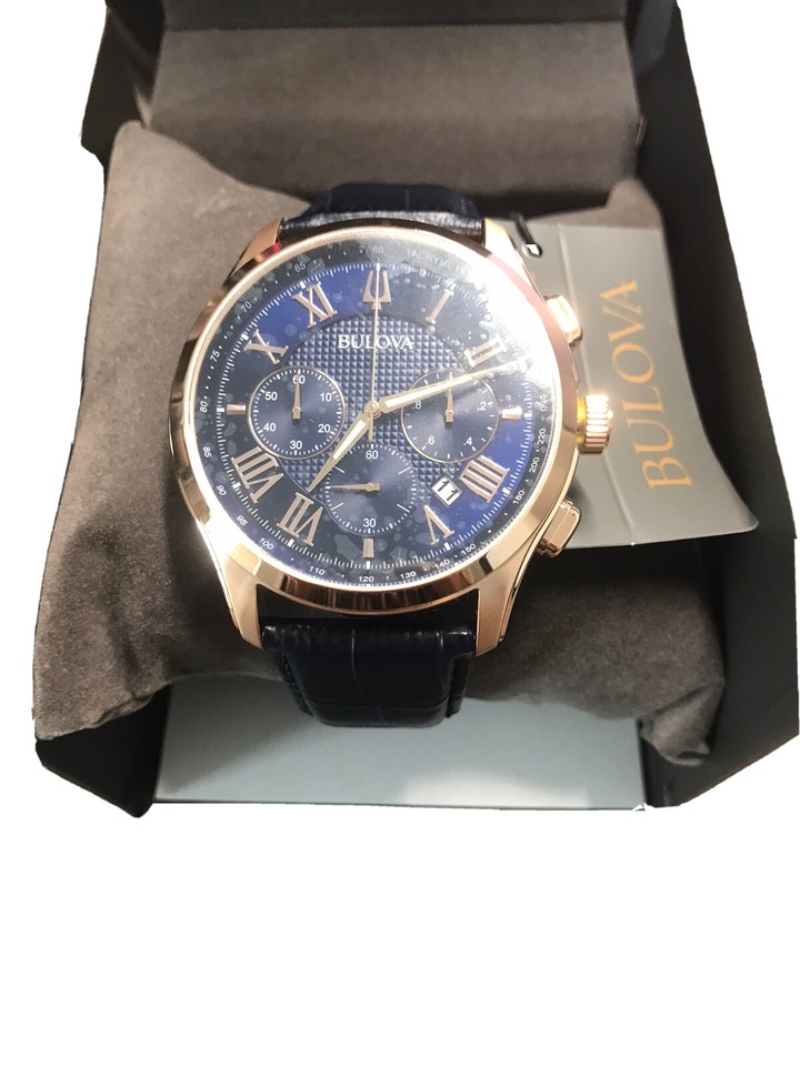 Bulova Wilton men watch Chronograph Stainless Steel blue leather strap ...