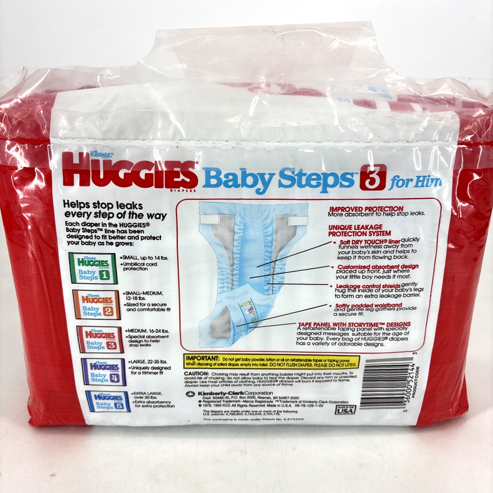 Sealed Pack 36 Medium Size 3 1992 Huggies Baby Step Him Vintage Plastic ...