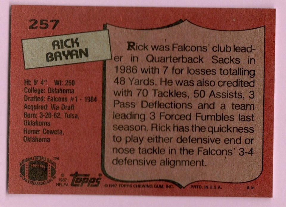 1987 Topps Football #257 Rick Bryan Atlanta Falcons Defensive End | eBay