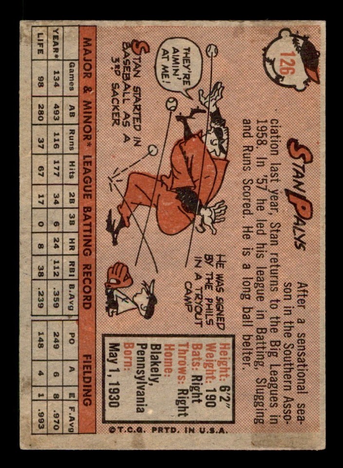 1958 Topps Baseball #126 Stan Palys VG *e1 | eBay