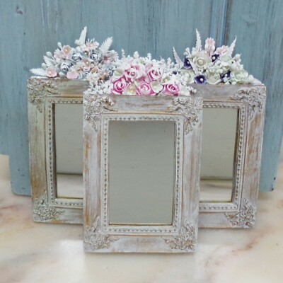 Vintage ornated Flowers small Mirrors set 3 wall hanging shabby painted ...