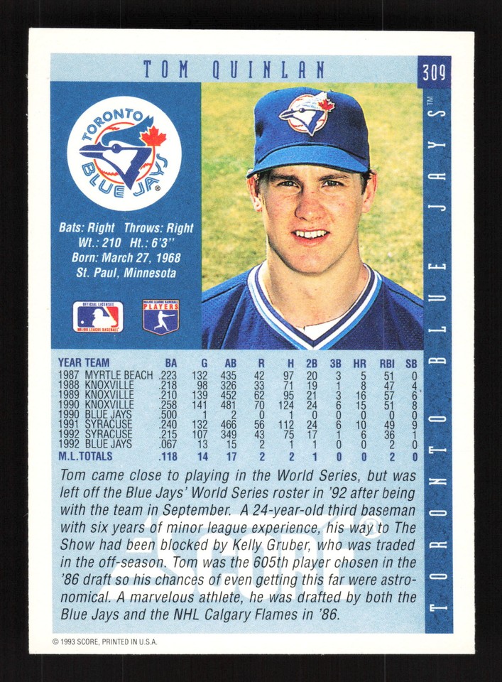 1993 Score #309 Tom Quinlan (RC) | eBay