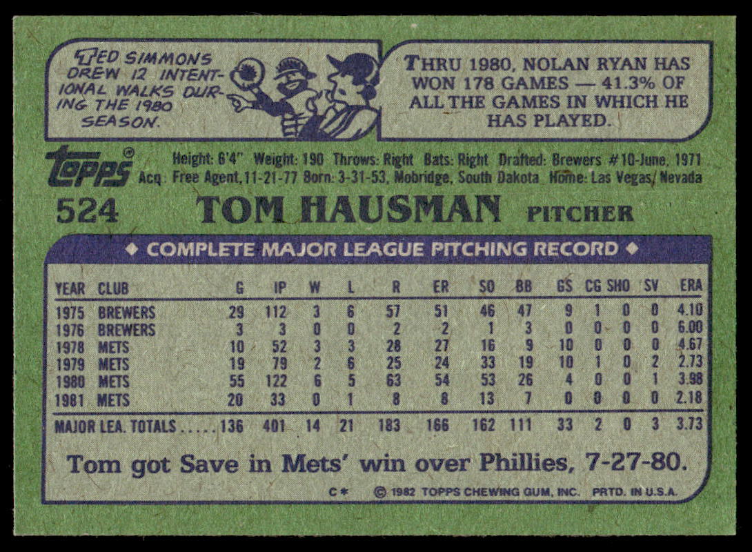 1982 Topps 524 Tom Hausman New York Mets Baseball Card | eBay