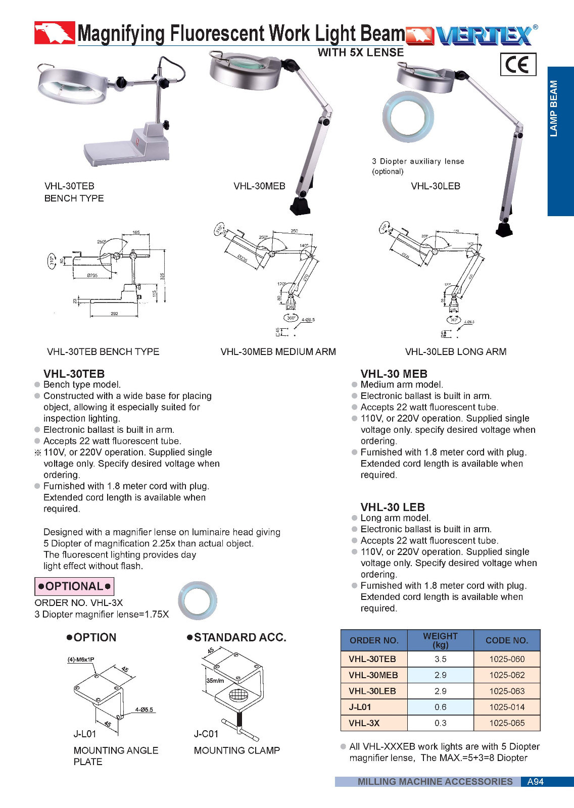 Vertex Fluorescent Illuminated Magnifier 220V 22W Long Arm VHL-30LEB 5 ...