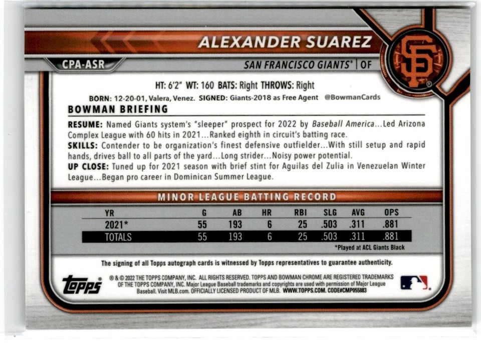 2022 Bowman Chrome Base Autograph B Alexander Suarez #CPA-ASR Auto San ...