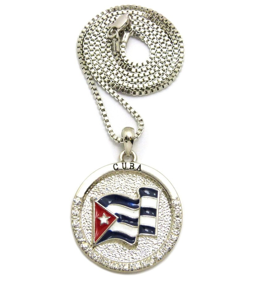 CUBA FLAG MEDAL SILVER PENDANT 18" 20" 24" BOX CUBAN ROPE CHAIN HIP HOP ...