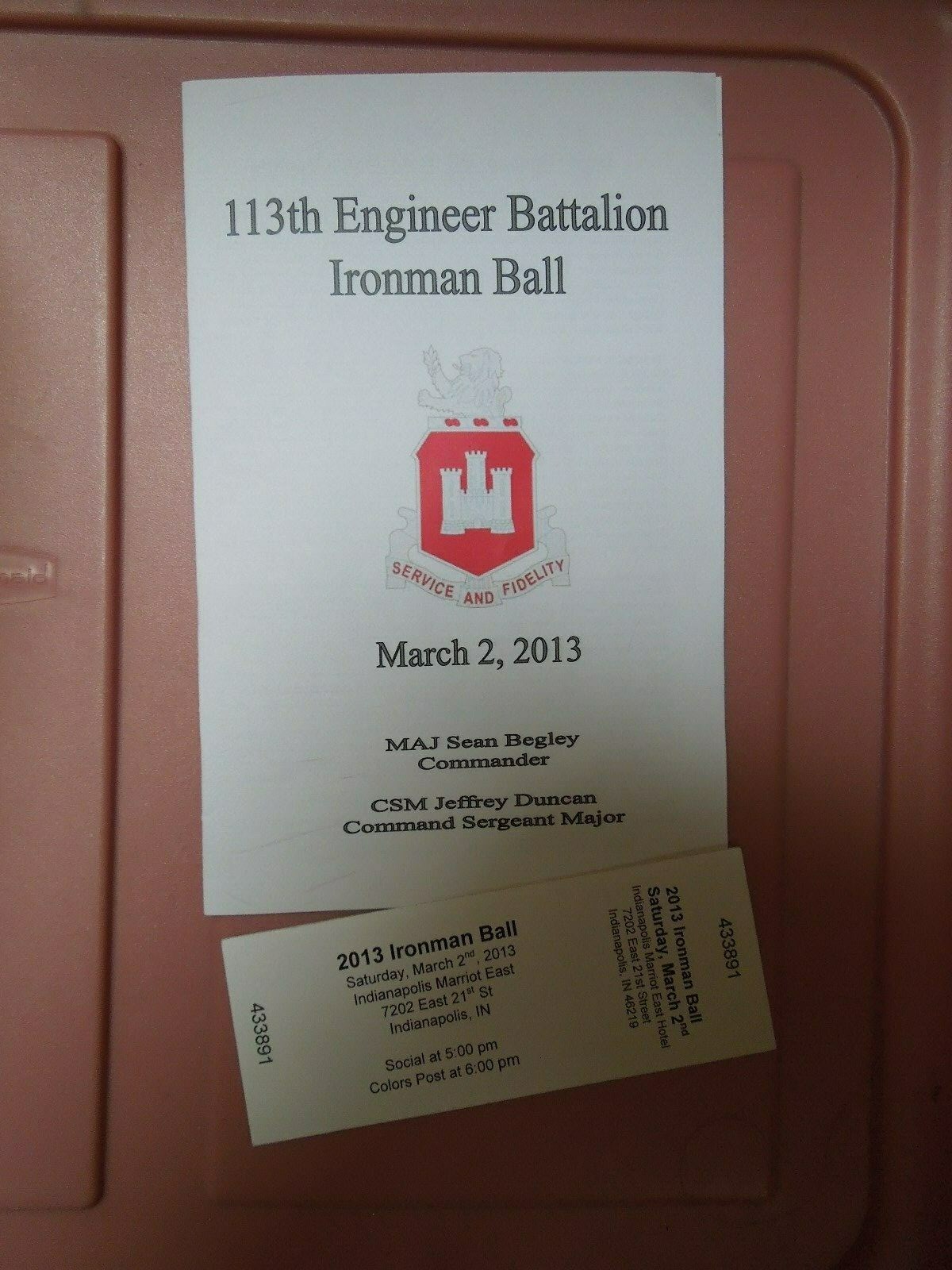US Army 113th Engineer Battalion Ironman Ball Ticket & Program March 2 ...