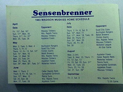 1983 Defunct Madison Muskies Baseball Schedule Sensenbrenner | eBay