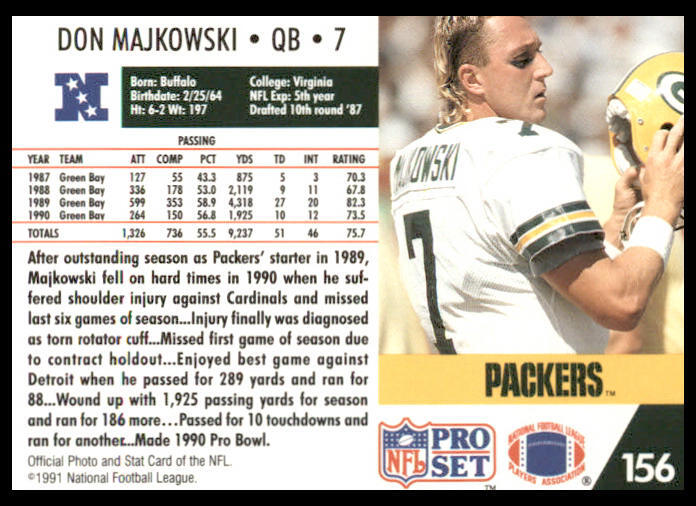 1991 Pro Set FACT Mobil #156 Don Majkowski Green Bay Packers Football ...