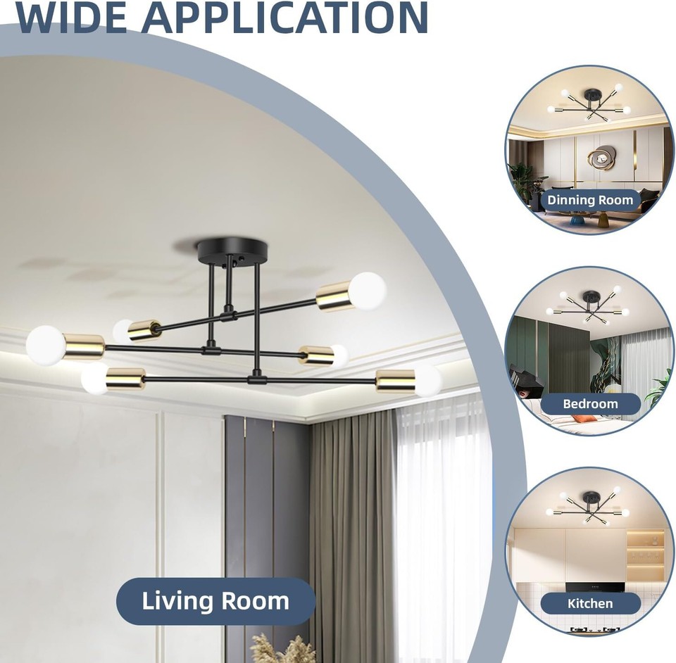 Modern Sputnik Chandelier Gold & Black 6-Lights Living Room Bedroom ...