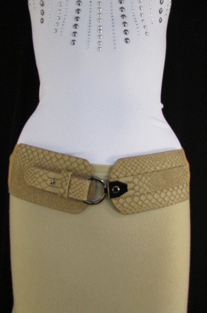 Women Black White Beige Elastic Fashion Belt Snake Skin Wide Faux ...
