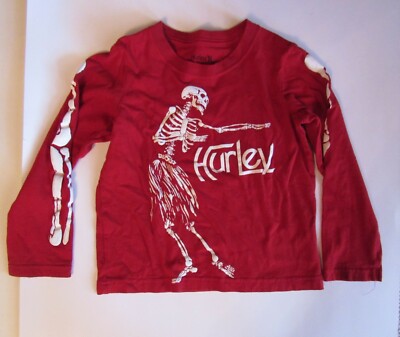 Hurley Boys 4 Long Sleeve Tee Shirt Red Hula Skeleton Bones 100% Cotton ...