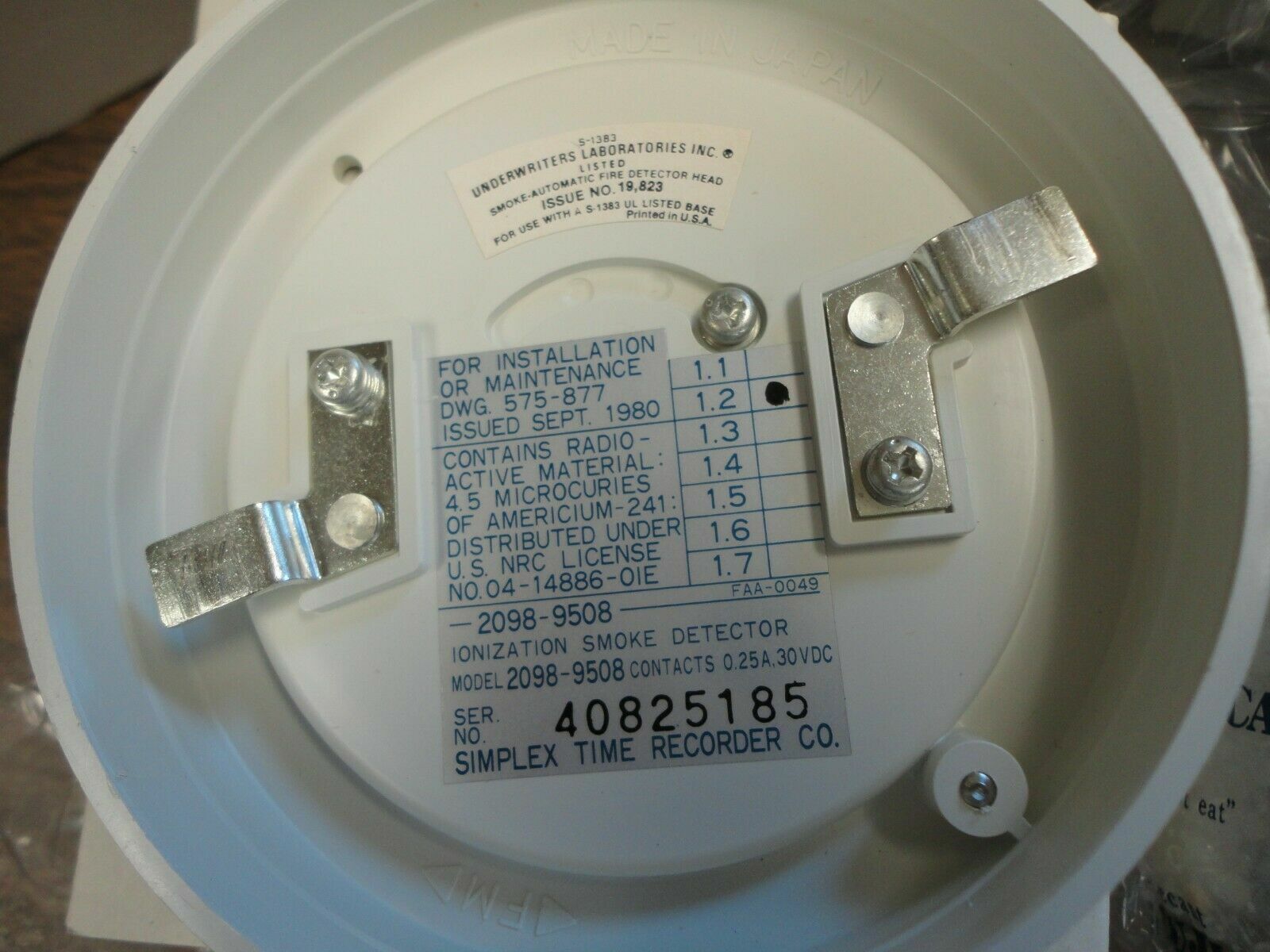 NEW SIMPLEX 2098-9508 IONIZATION DETECTOR HEAD (10 AVAIL, 1 YR. PROTECT ...