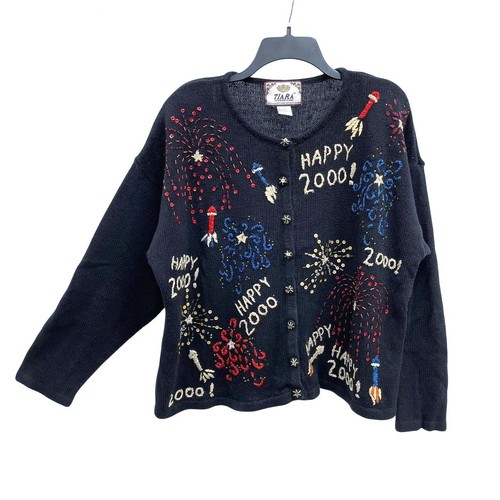 Wmns Y2k 2000 Vintage TIARA New Year's Black Ugly Knit Cardigan Sweater ...