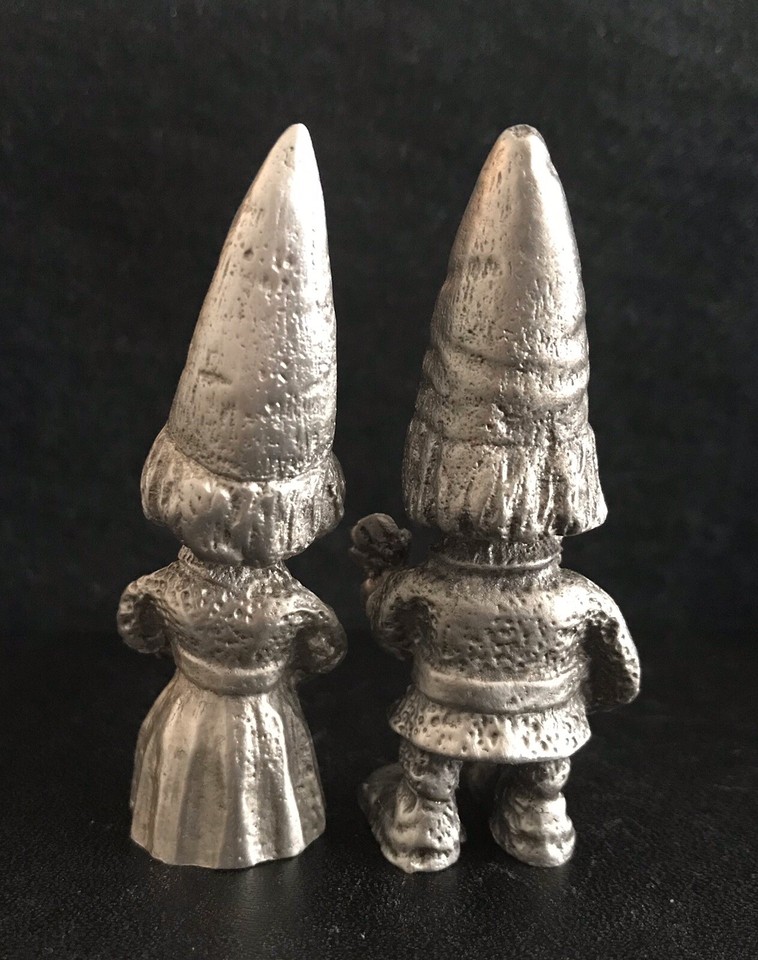 Set Pewter Mr Mrs Garden Gnome Good Luck Elf Hat Silver Metal Statue ...
