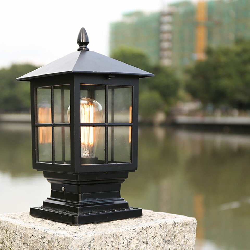 Outdoor Post Light Vintage Black Lantern Garden Fence Pillar Lamp ...