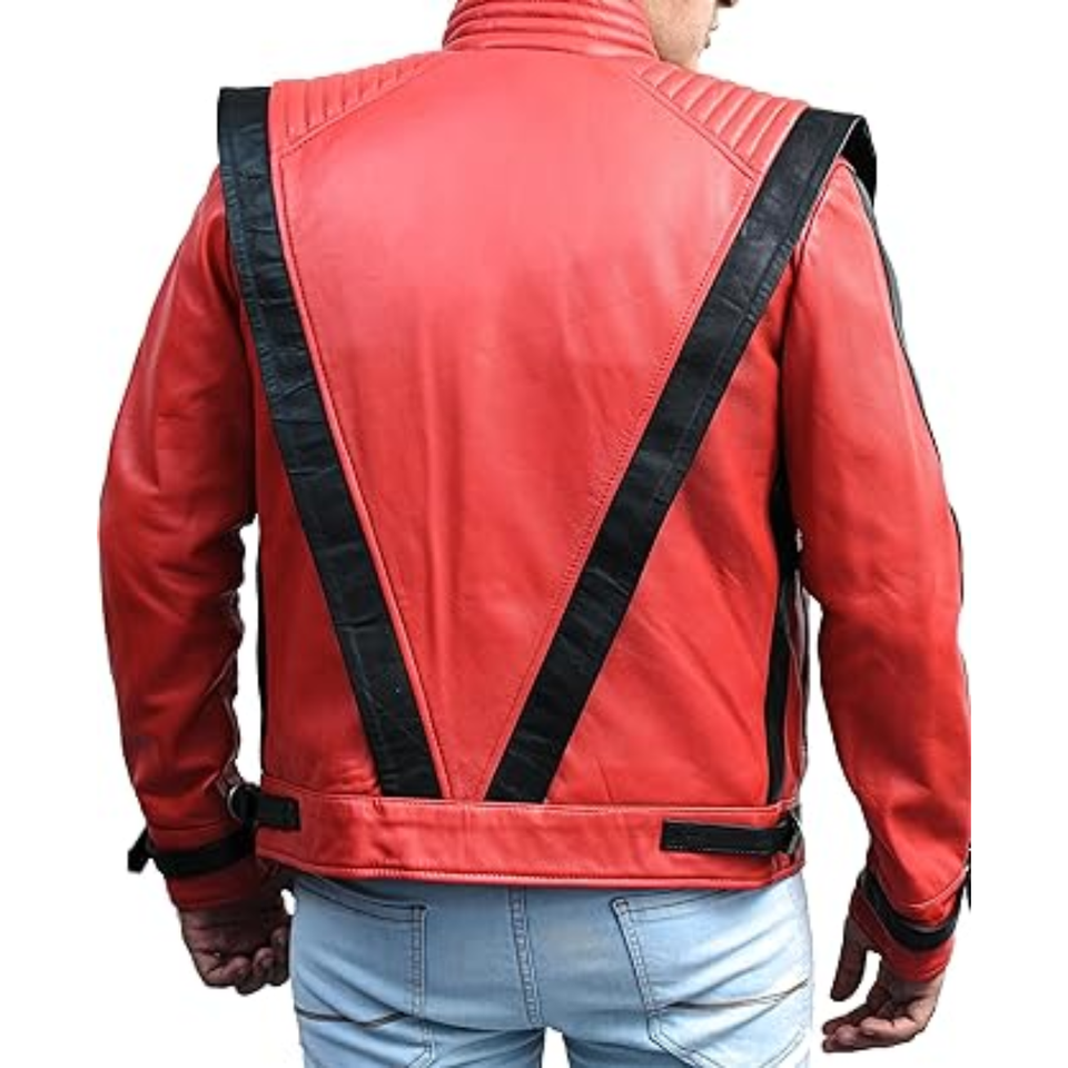 MJ Thriller Style Music Red And Black Cosplay Costume PU Leather Jacket ...