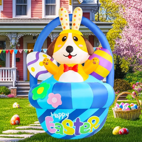6FT Easter Inflatables Outdoor Decorations, Puppy Basket Yard Decor ...