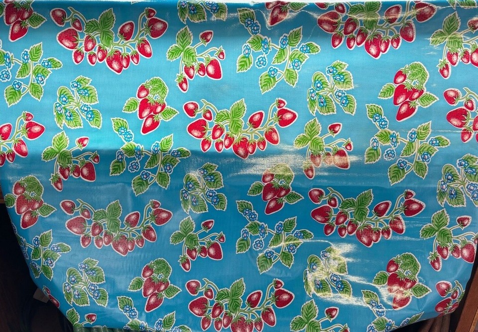 Oilcloth Fabric Forever Summer Strawberries Blue Pattern Sold in Yard ...