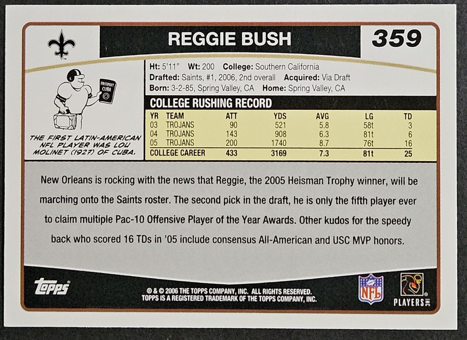 2006 Topps #359 Reggie Bush Rookie RC USC Trojans New Orleans Saints | eBay