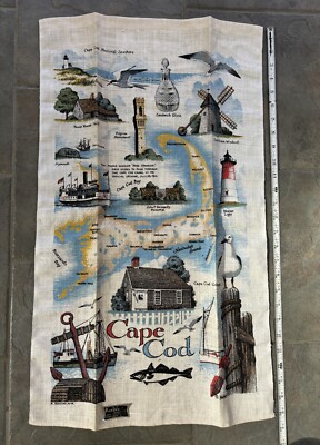 VTG Kay Dee Cape Cod Towel Kitchen 100% Linen NOS Seashore Scenes Map ...