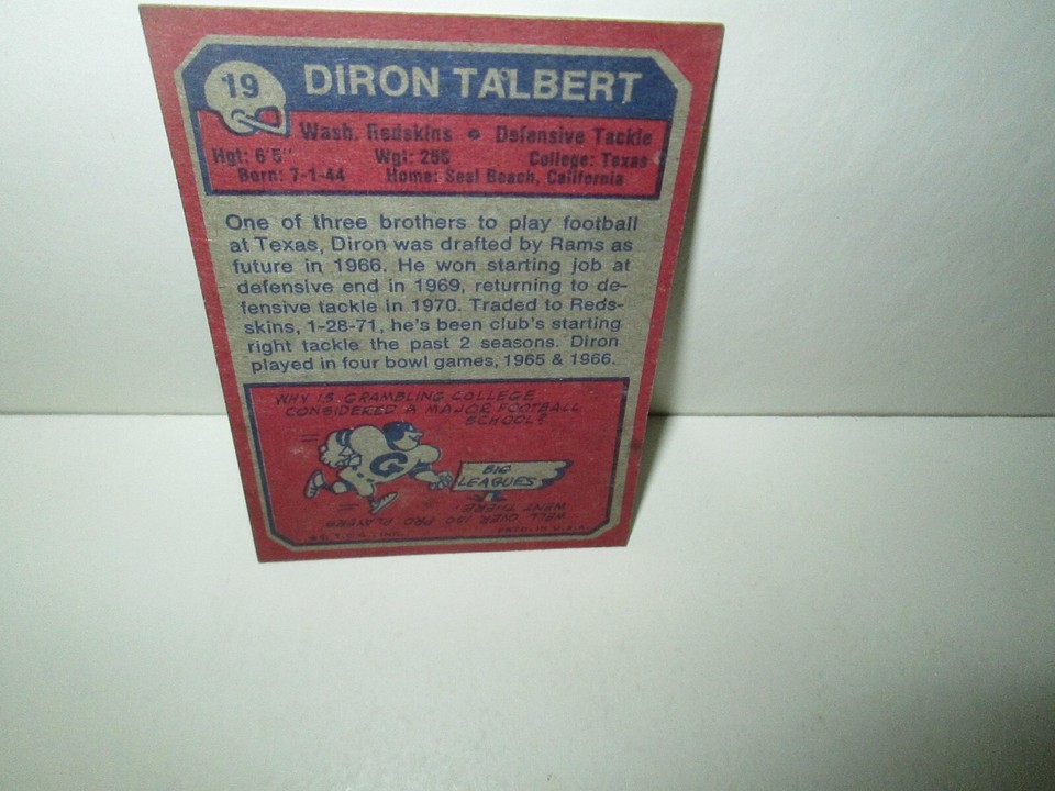 DIRON TALBERT 1973 CARD Topps #19 Rookie Rc WASHINGTON REDSKINS ...