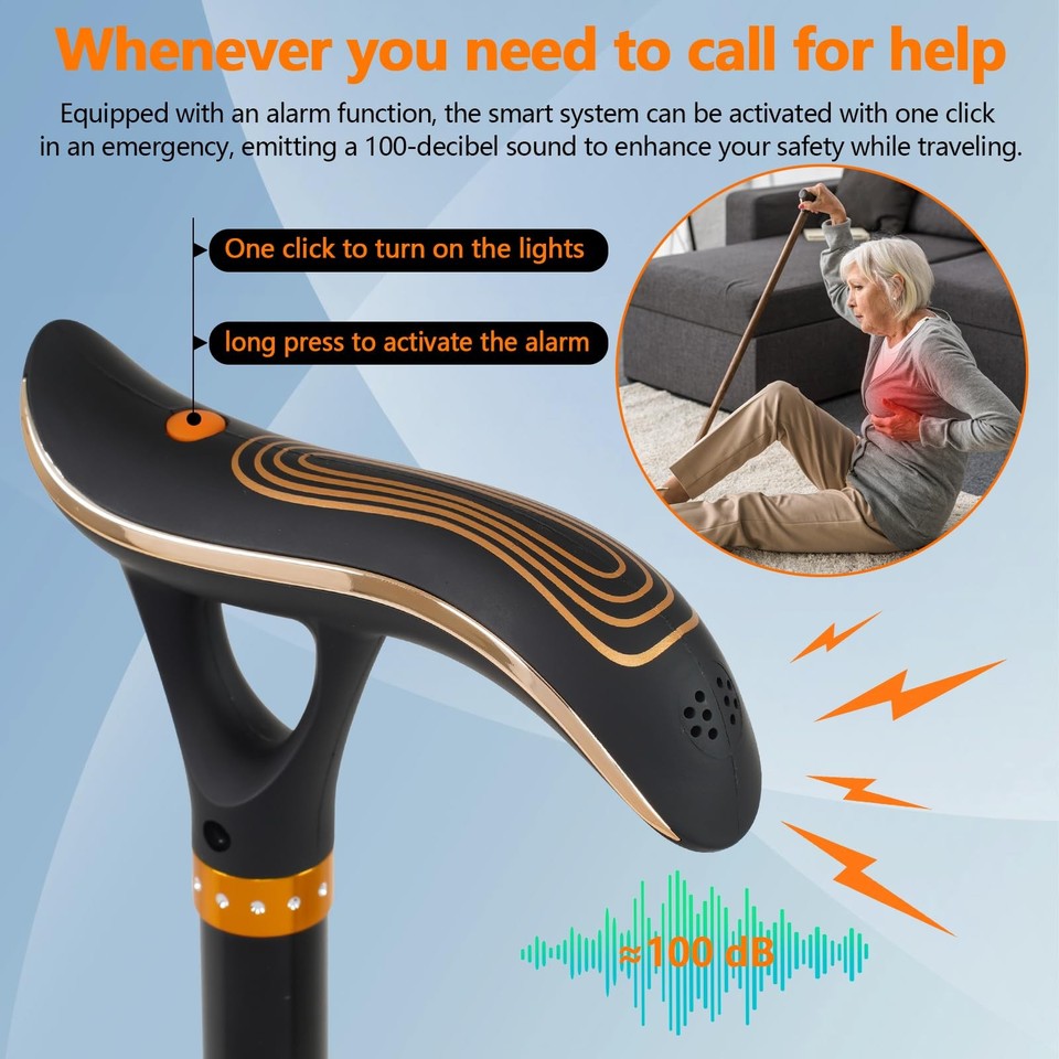 Folding Adjustable Walking Cane with Light and Alarm, Smart USB ...