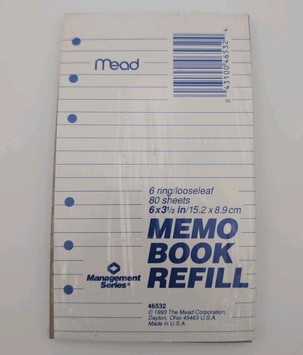 Vtg Mead Memo Book Refill Lined 6 Ring Loose Leaf 3.5" x 6" 80 Sheets ...