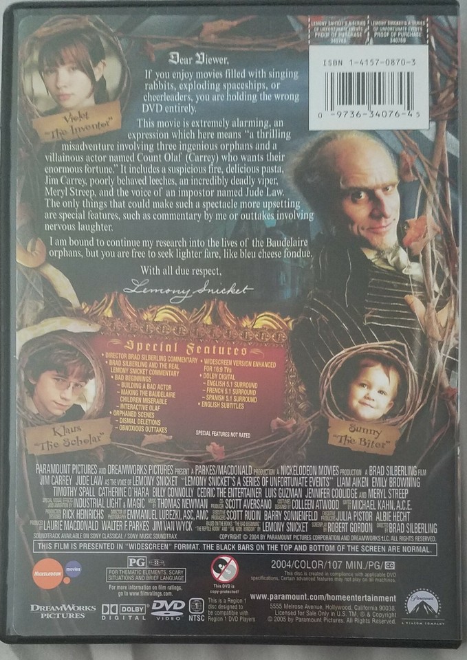 Lemony Snicket's a Series of Unfortunate Events (DVD, Widescreen ...
