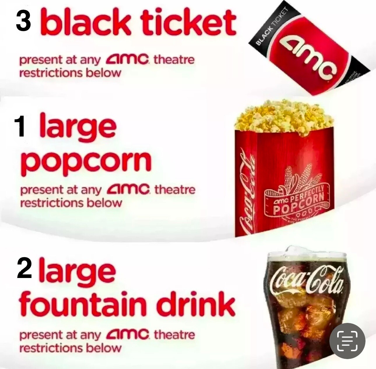 AMC Theaters 3 Black Tickets, 2 Large Drinks, 1 Large Popcorn - E ...