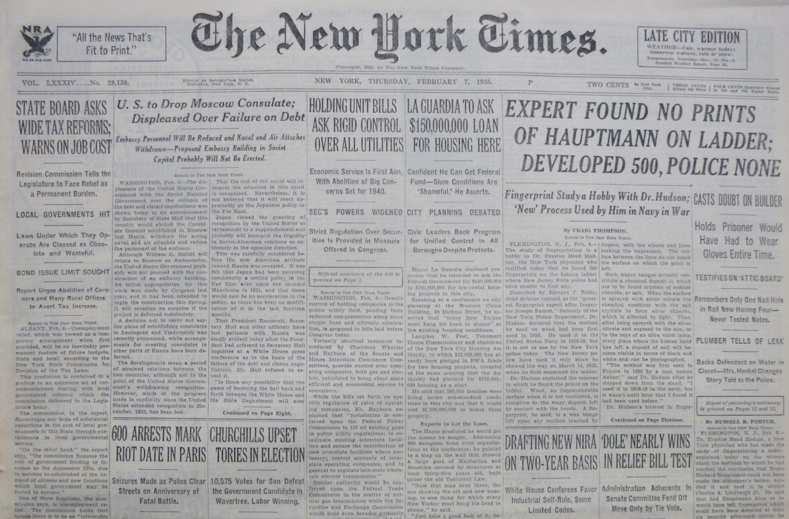 2-1935 February 7 EXPERT FOUND NO PRINTS OF HAUPTMANN ON LADDER ...