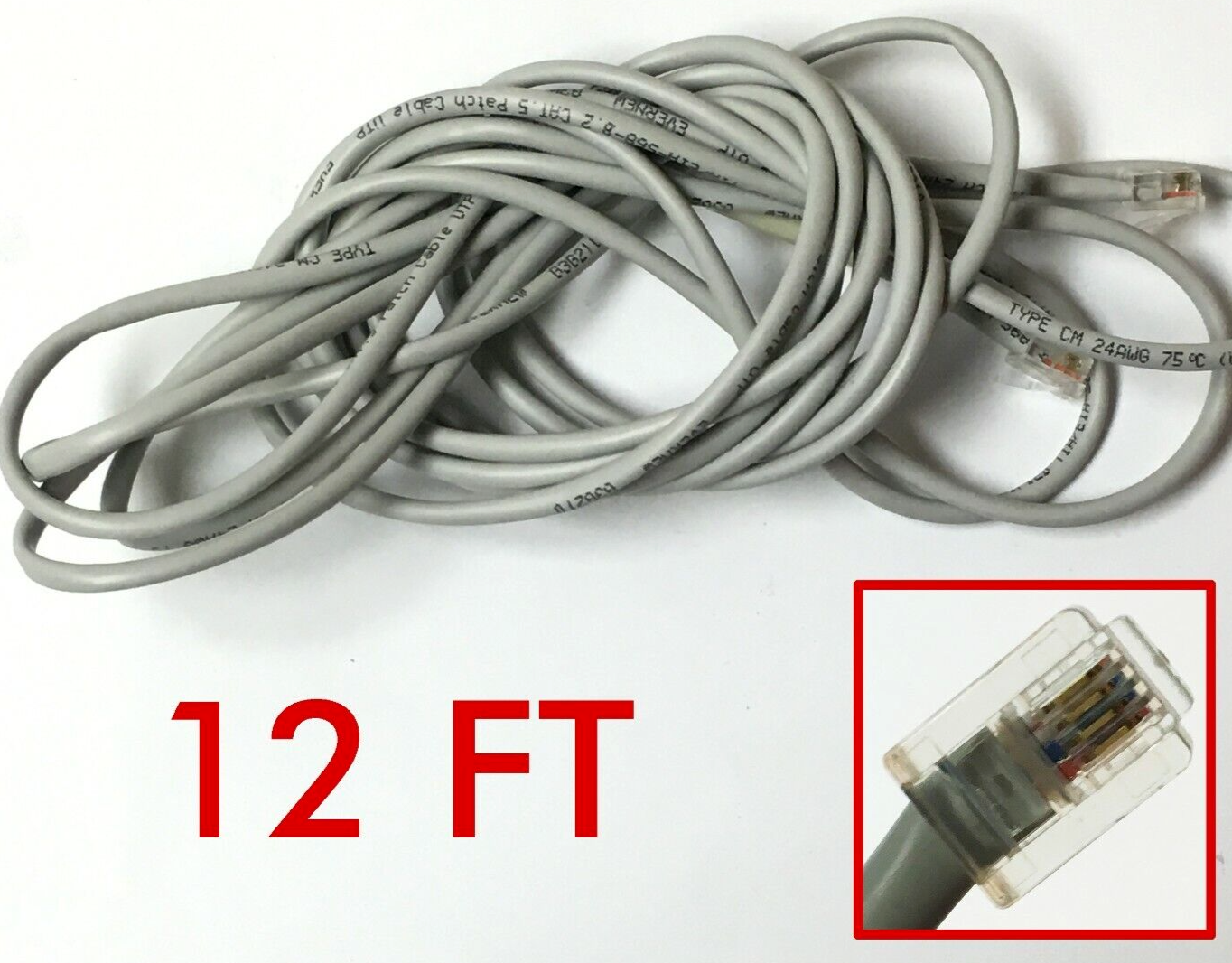 12' Foot White 6P4C RJ11 RJ12 Telco Phone Cable using Cat 5 E188630 ...