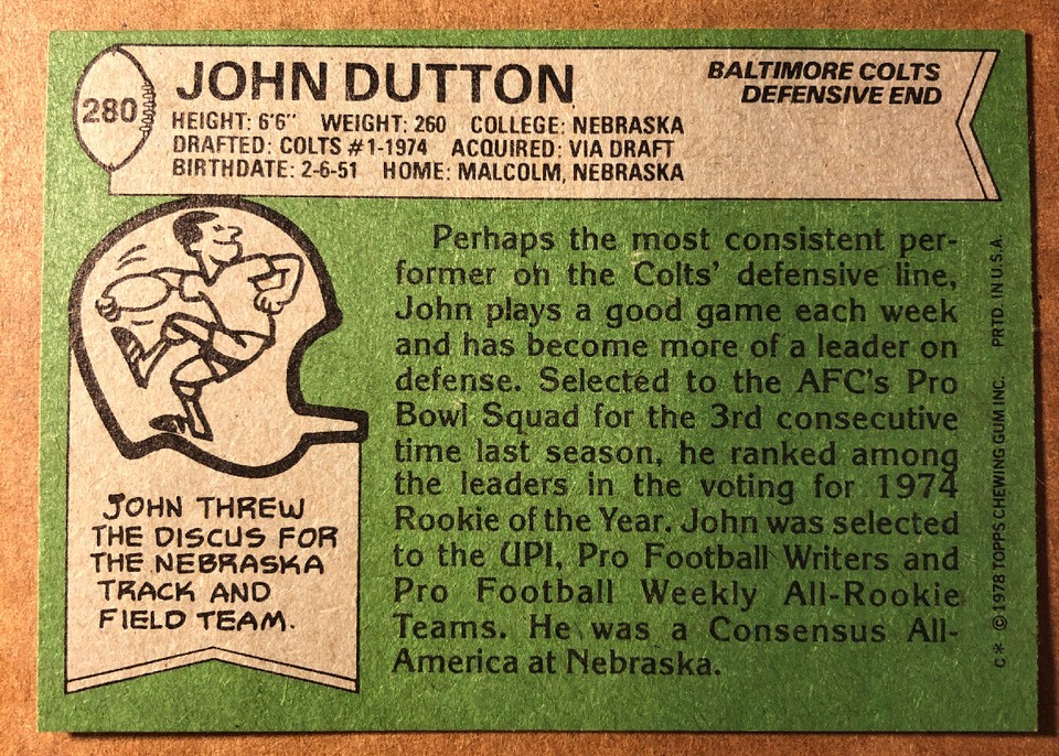 1978 Topps Football Card #280, John Dutton, MINT (BIGJ’S) Baltimore ...