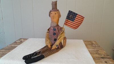 New Primitive Cloth Patriotic Sammy Doll Folk Art Fall Patchwork Flag ...