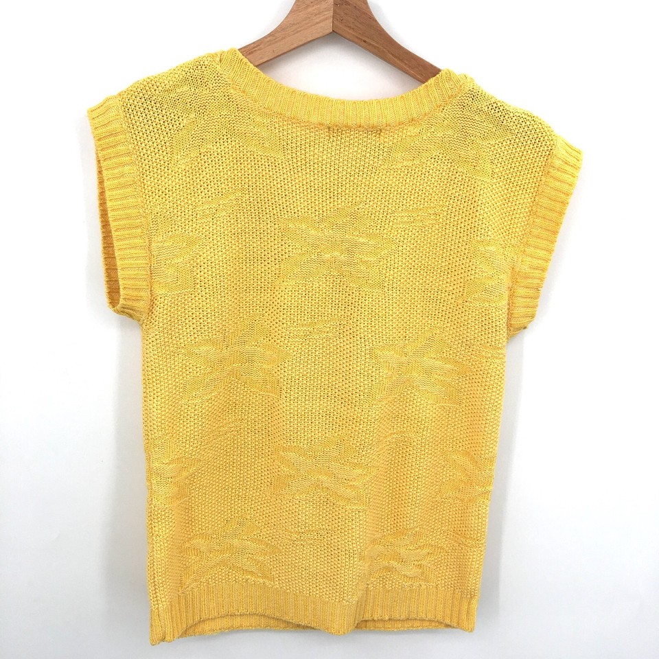 vintage Condor 90s cap sleeve sweater flowers bright yellow knit top S ...