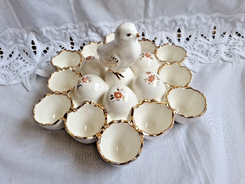 12 Egg Holder Chick with Flowers On Eggs Ceramic Gold Trim Easter ...