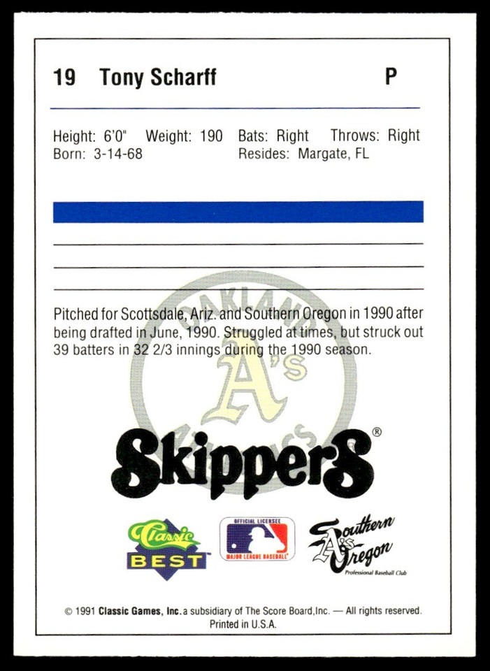 1991 Classic Best Southern Oregon A's Tony Scharff Southern Oregon A's ...