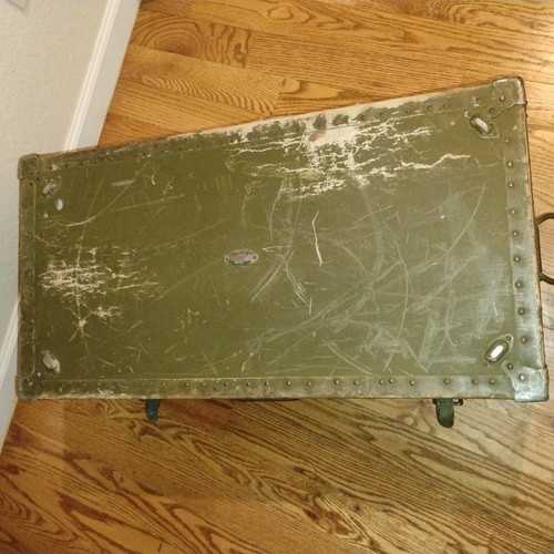 Vintage Military FOOT LOCKER w Tray Wood Trunk chest storage green box ...
