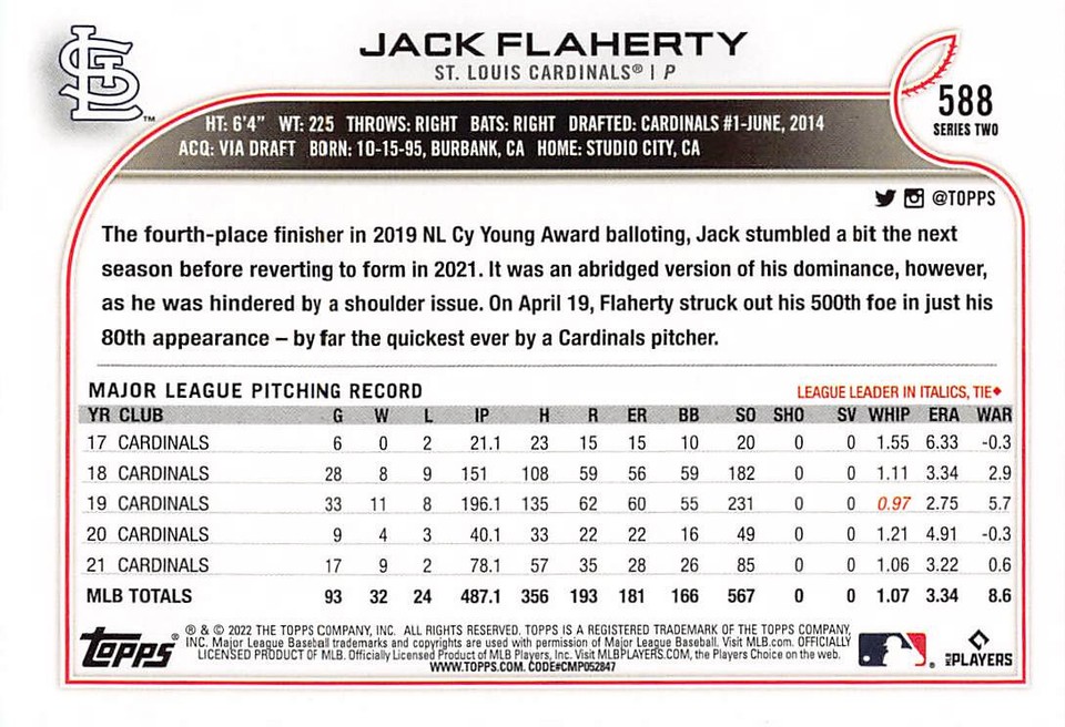Jack Flaherty 2022 Topps Baseball card Base #588 St. Louis Cardinals | eBay