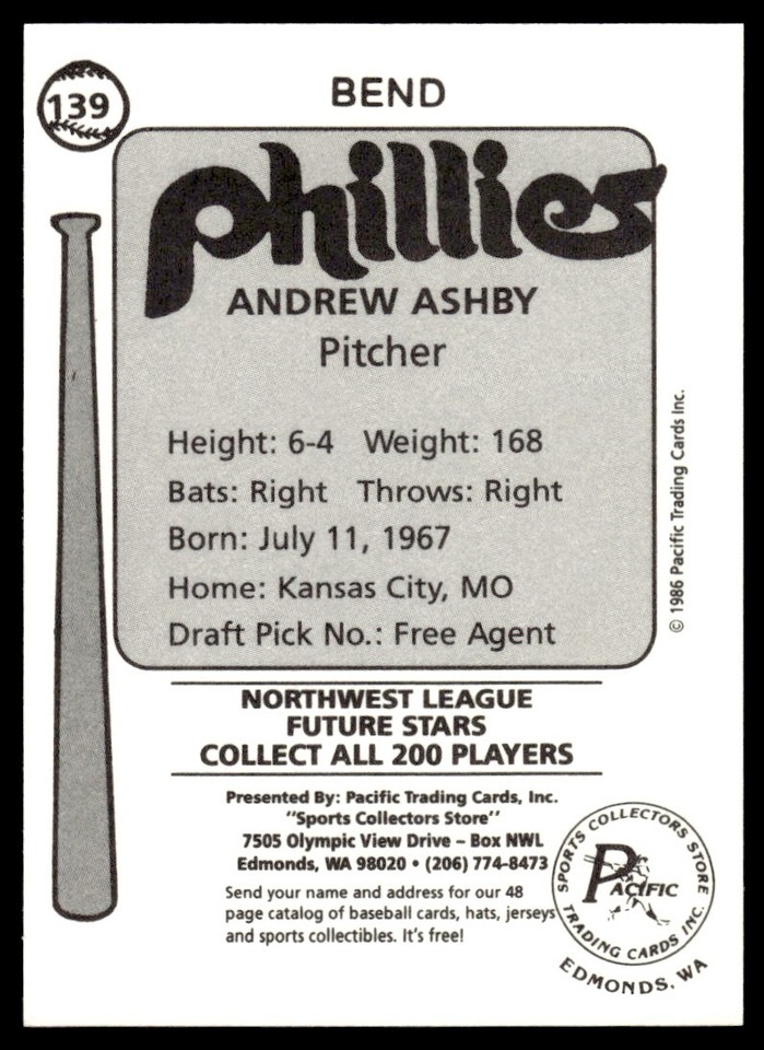 1986 Cramer Bend Phillies Andrew Ashby Bend Phillies #139 | eBay