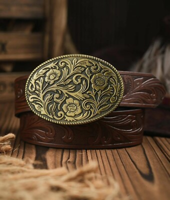 Women Western Scroll Detail Oval Buckle Vintage Belt Brown size 90 | eBay