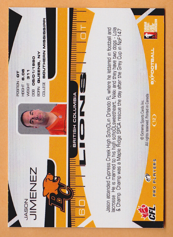 Jason Jimenez 2009 Extreme CFL card #12 BC Lions Southern Mississippi ...