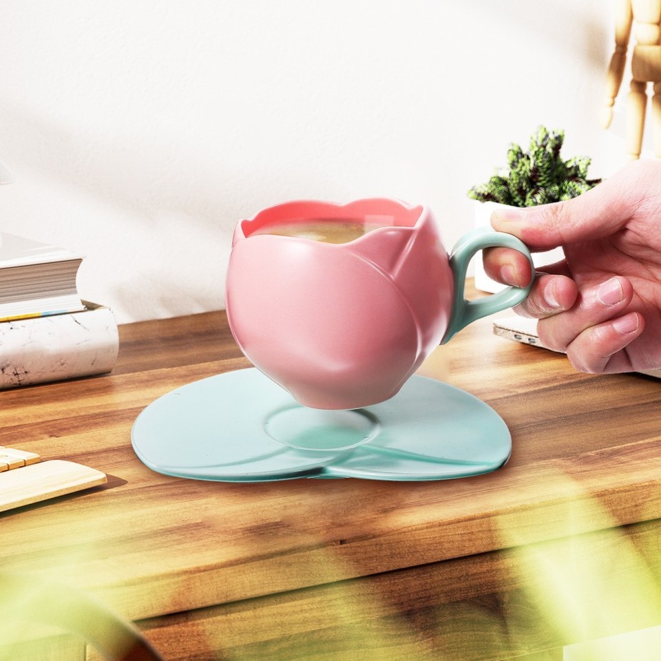 Ceramic Coffee Cup with Coaster Set Vintage Style Tulip Ceramic Mug Tea ...