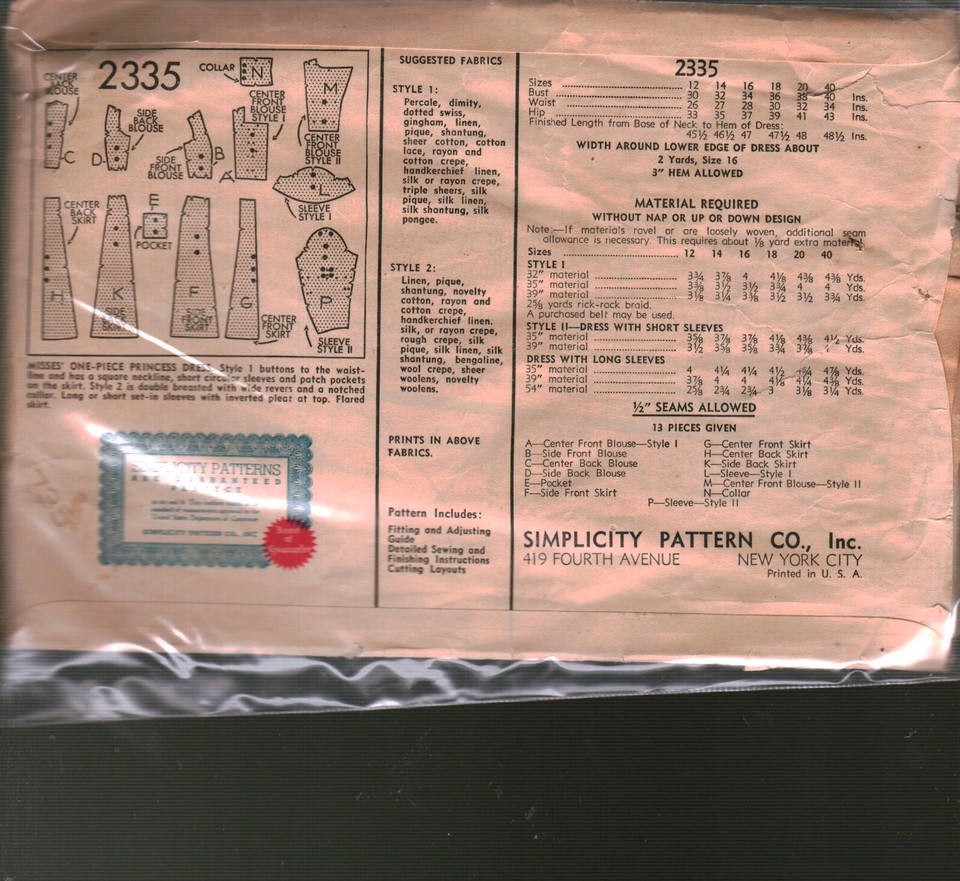 2335 Vintage Simplicity Sewing Pattern Misses 1940s One Piece Dress ...