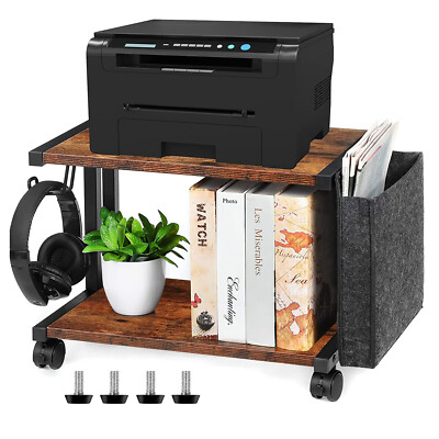 Under Desk Printer Stand Cart with Wheels, Hooks, Storage Bag Wood ...