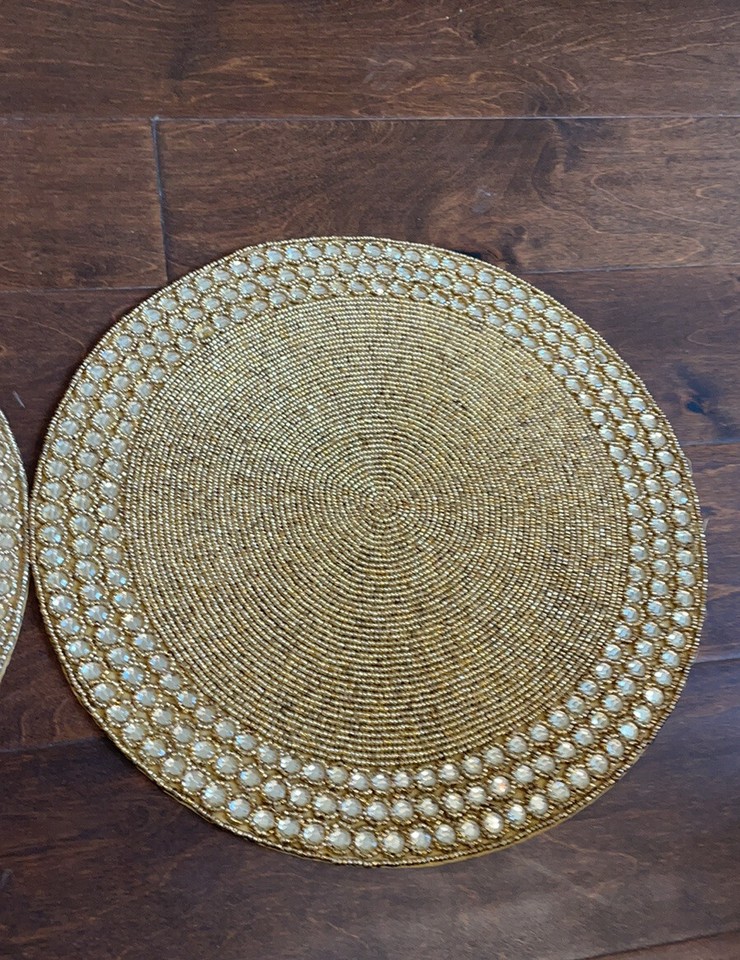 2 Pc Set Gold Beaded Placemat Charger Christmas Holiday New 15 ...