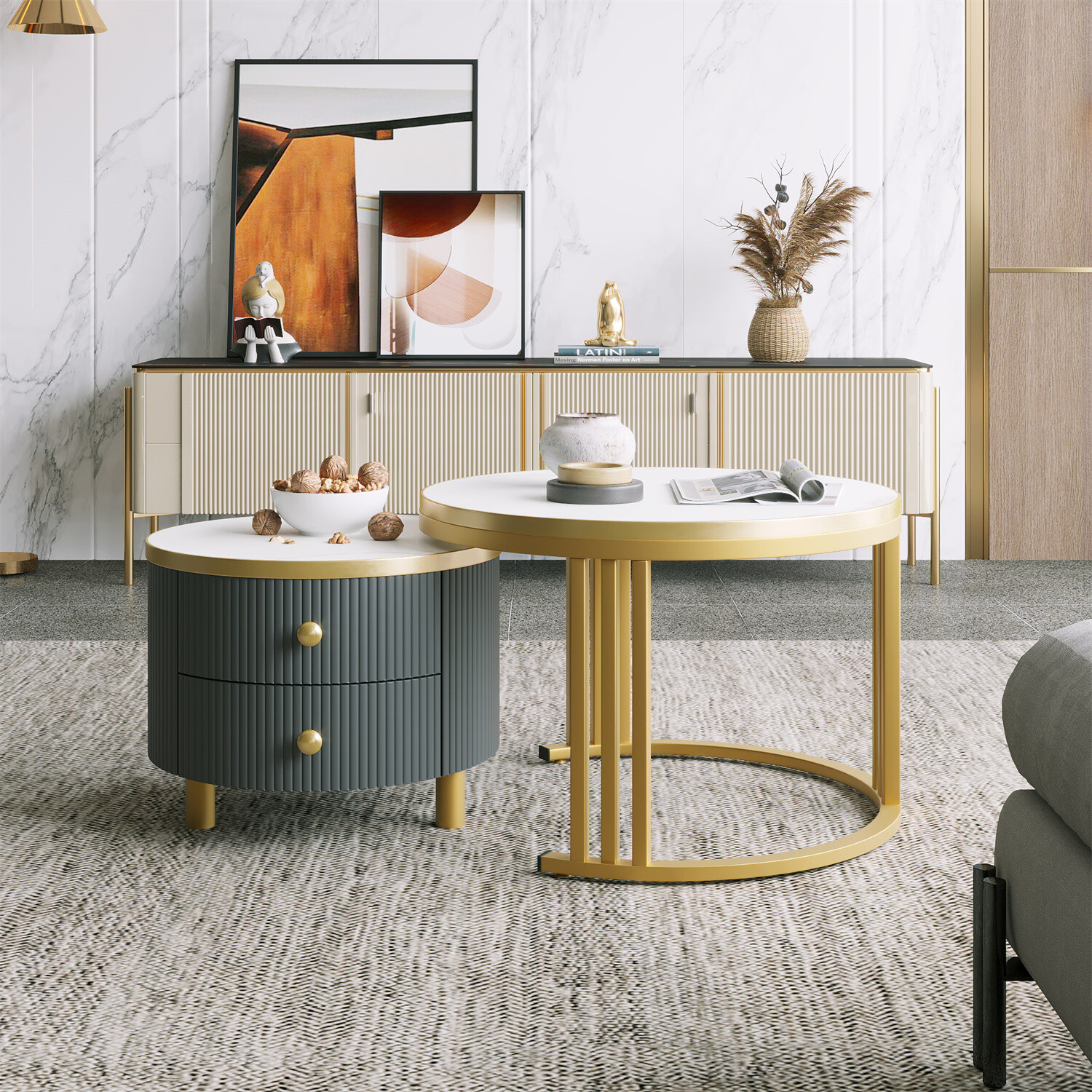 Round Nesting Coffee Tables Set of 2 Stacking Side Tables with Storage ...