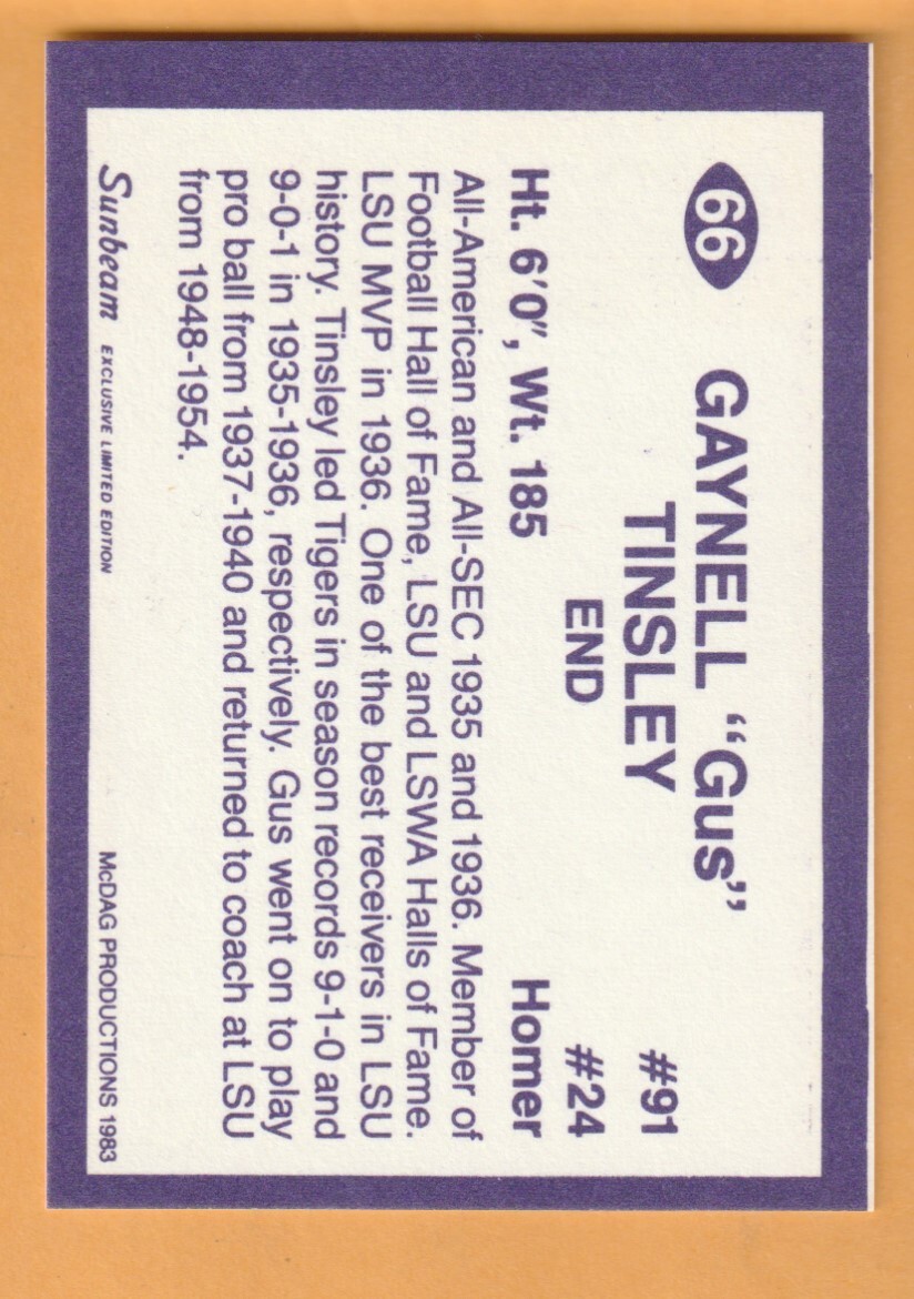 1983 Sunbeam Bread LSU Tiger Greats - #66 Gaynell Tinsley (RC) for sale ...